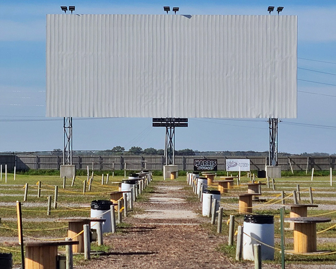 Rows of wooden spools await moviegoers, creating personal viewing stations with unobstructed sightlines to the towering screen.