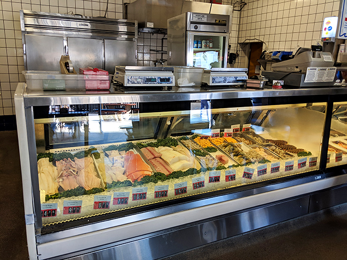 The seafood display case showcases the day's fresh catch like aquatic jewels on ice &ndash; the real Hollywood stars of downtown Los Angeles.