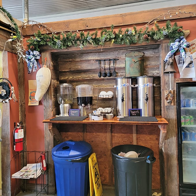 The rustic beverage station, dressed in holiday greenery, offers sweet tea and unsweet &ndash; the yin and yang of Southern hydration philosophies.