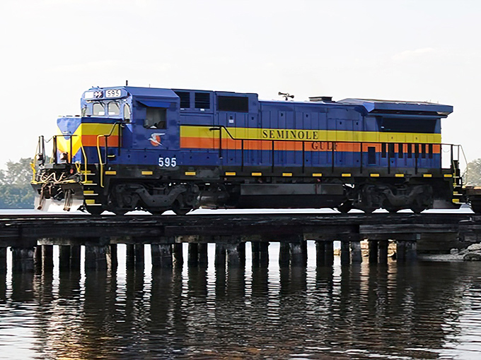 Locomotive 595 glides across water like a blue heron, proving Florida's magic extends well beyond its theme parks.