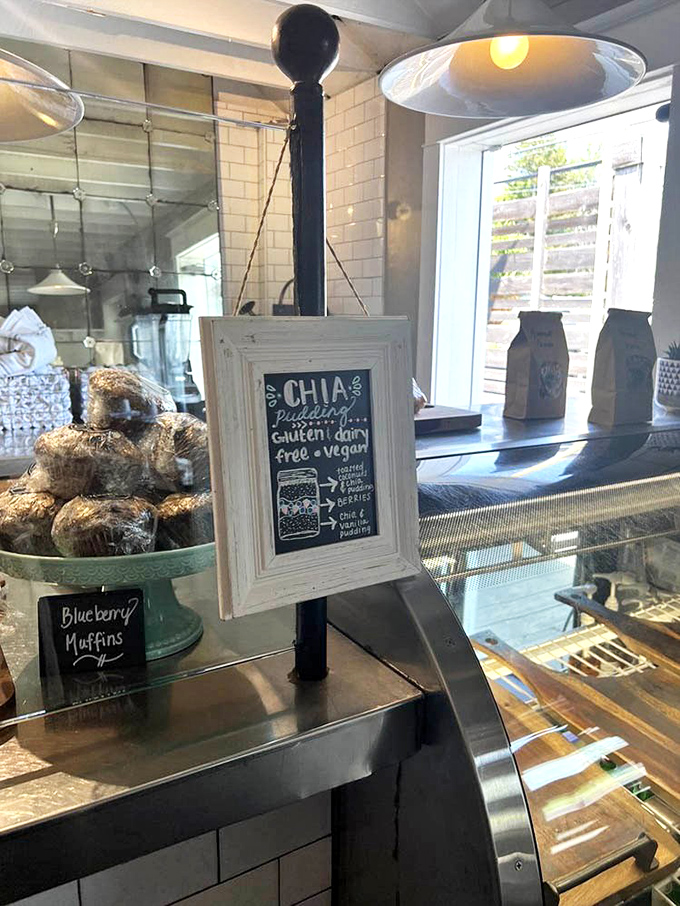 Fresh-baked muffins and health-conscious options prove this diner speaks multiple culinary languages. That chia pudding sign is speaking directly to your better angels.