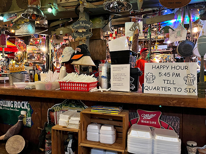 Happy Hour advertised with the straightforward charm of a place that knows exactly what it is. Quarter to six never sounded so appealing.