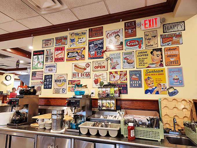 Vintage signs create a time-travel backdrop, reminding us that nostalgia is actually one of the essential food groups.