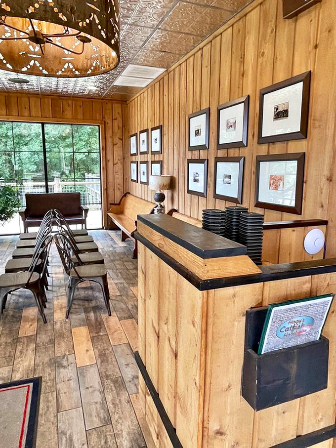Wood-paneled walls lined with framed memories tell stories that rival the ones being shared over hushpuppies and sweet tea.