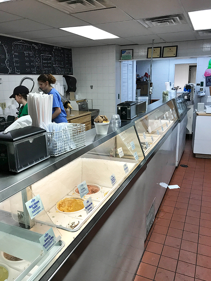 The ice cream assembly line where summer memories are manufactured. Clark's friendly staff keeps the scoops coming with practiced precision.