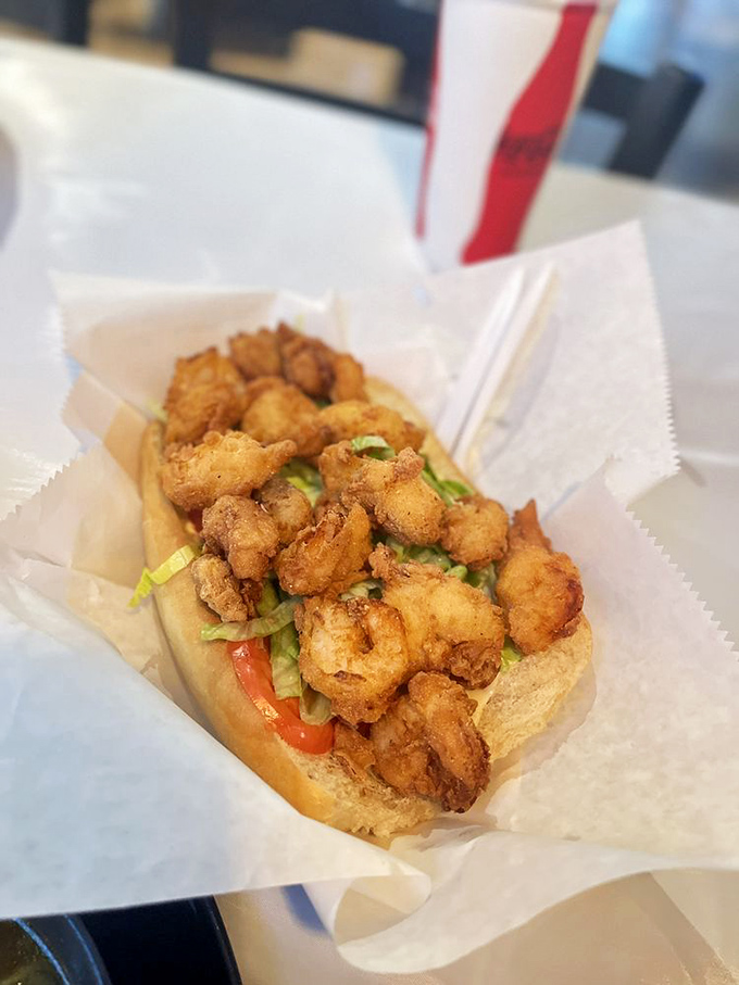 The po' boy: New Orleans' gift to sandwich lovers everywhere. Crispy shrimp nestled in French bread with just the right amount of dressing and veggies.