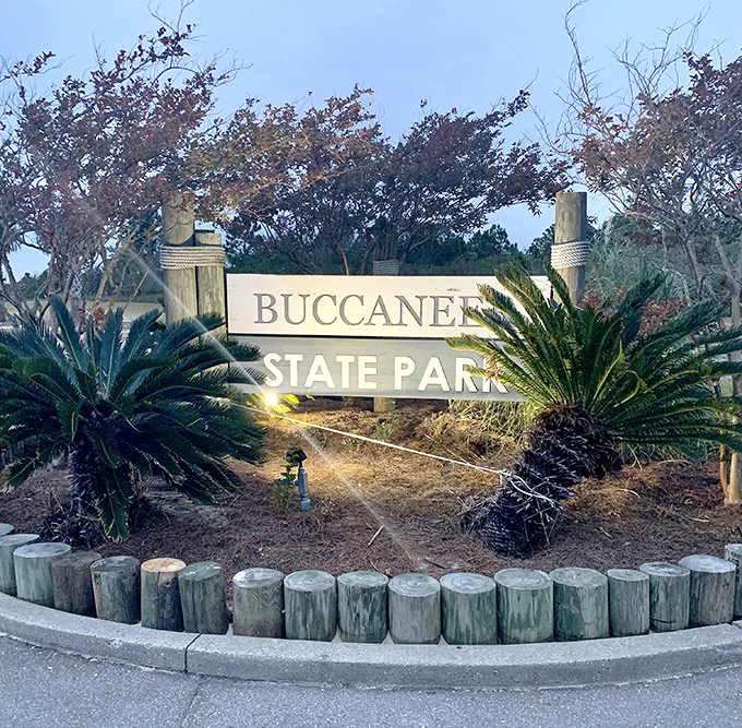 The park entrance sign, framed by coastal palms, welcomes travelers to a slice of Mississippi paradise.