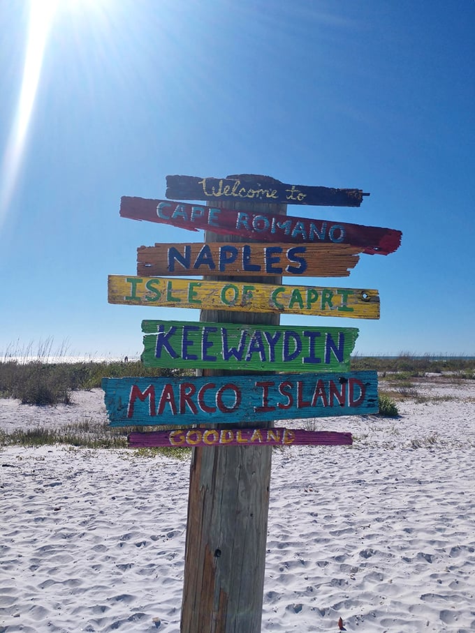 The most honest road sign in Florida&mdash;pointing to paradise in multiple directions, with Keewaydin getting prime real estate.