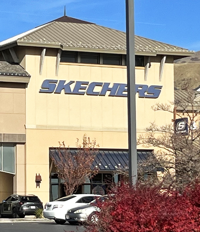 Skechers claims its territory with bold lettering against mountain backdrop, where comfortable footwear meets comfortable pricing at last.