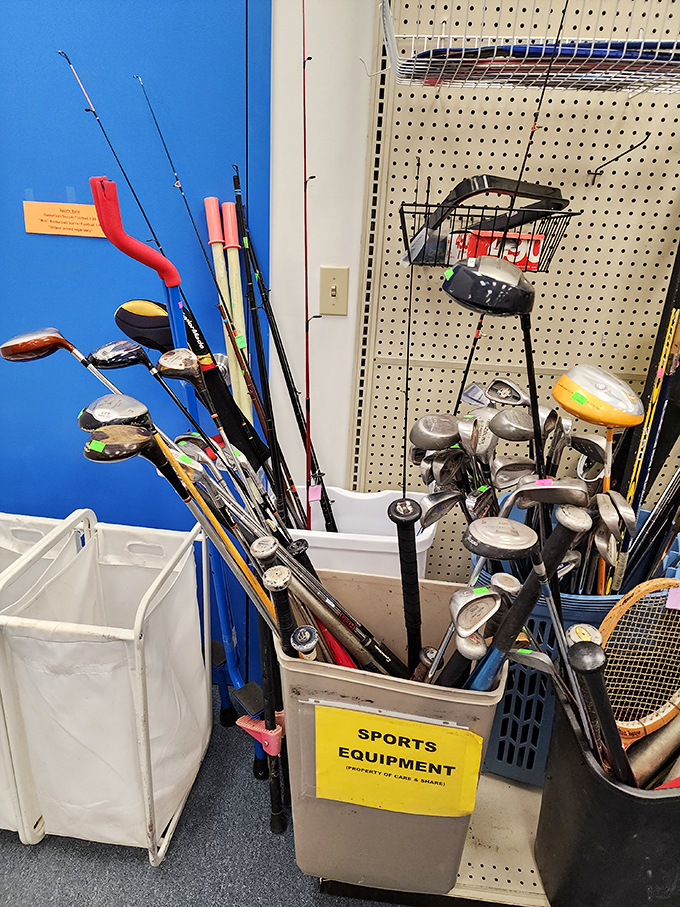 Sporting goods corner where golf clubs and fishing rods await their next adventure. Weekend warriors, your equipment awaits!