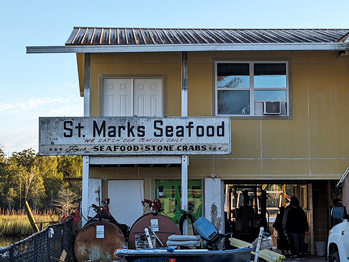 We catch our seafood daily&mdash;not just a sign, but a solemn promise from generations of St. Marks fishing families.