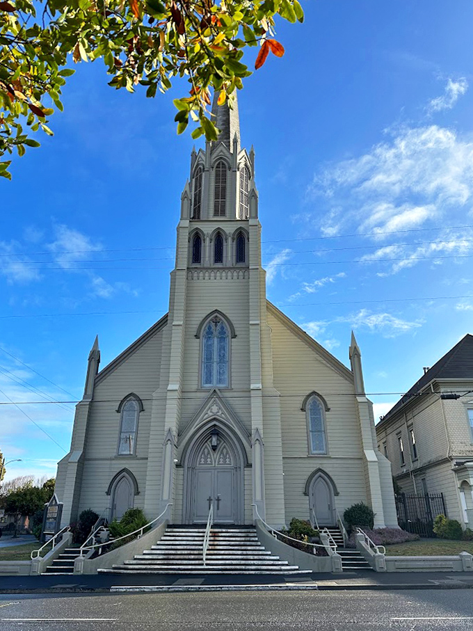St. Bernard Catholic Church reaches skyward with the same optimism that brought settlers to this remote coastal paradise generations ago.