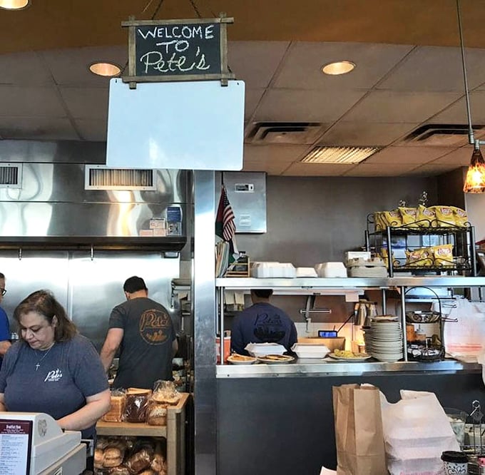 Behind the "Welcome to Pete's" sign, kitchen magic happens. The staff moves with the choreographed precision of people who truly understand breakfast's importance.