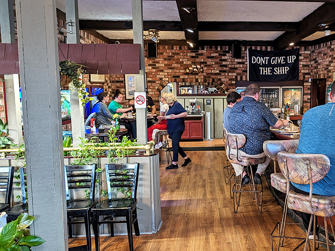 The warm, nautical interior where "DON'T GIVE UP THE SHIP" isn't just decor&mdash;it's solid advice when facing that generous seafood platter.