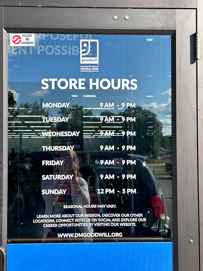 Store hours posted clearly for the dedicated thrifter&mdash;because bargain hunting requires strategy, timing, and the occasional Sunday afternoon expedition.