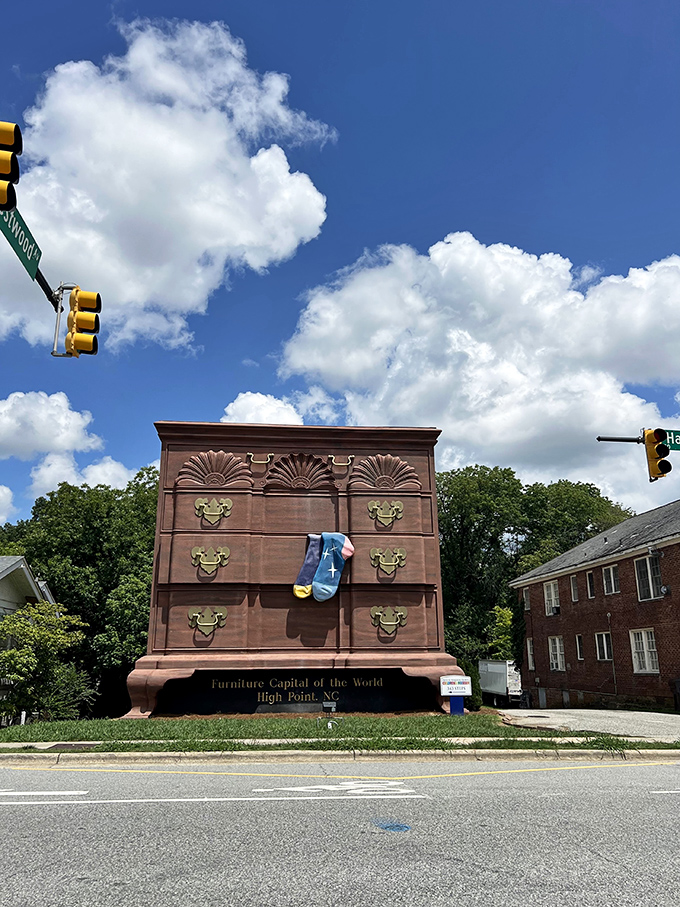 Under clear Carolina skies, the chest stands as both guardian and greeter to High Point visitors. No assembly required.