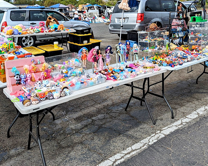 Swap meet treasures spread across tables &ndash; one family's outgrown toys becoming another child's new adventures at bargain prices.
