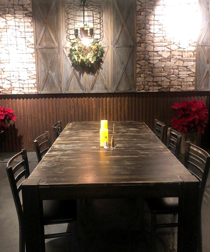 A communal table that whispers, "Bring friends, make memories" &ndash; rustic wood and stone create the backdrop for stories that will be told for years.