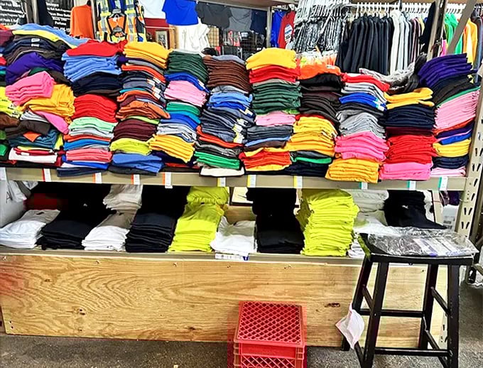 T-shirt rainbows stacked higher than laundry day at a college dorm. Every color in the spectrum waiting to become your next favorite shirt.