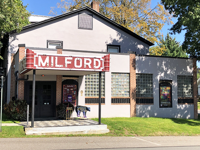 The Milford Theater's classic marquee reminds you when movies were events, not just streaming background noise.