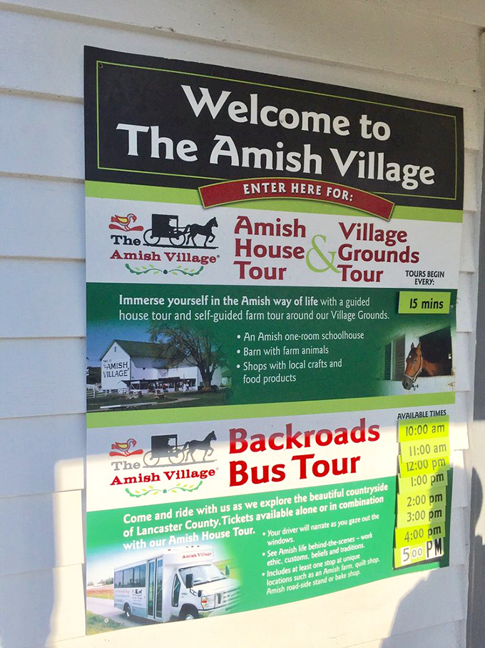 The welcome sign lays out your options for exploration&mdash;house tours, grounds tours, and backroads adventures await the curious visitor.