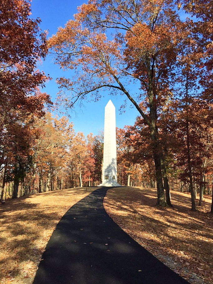 The monument stands tall among autumn's fiery display, a stone sentinel honoring history while surrounded by nature's seasonal art show.