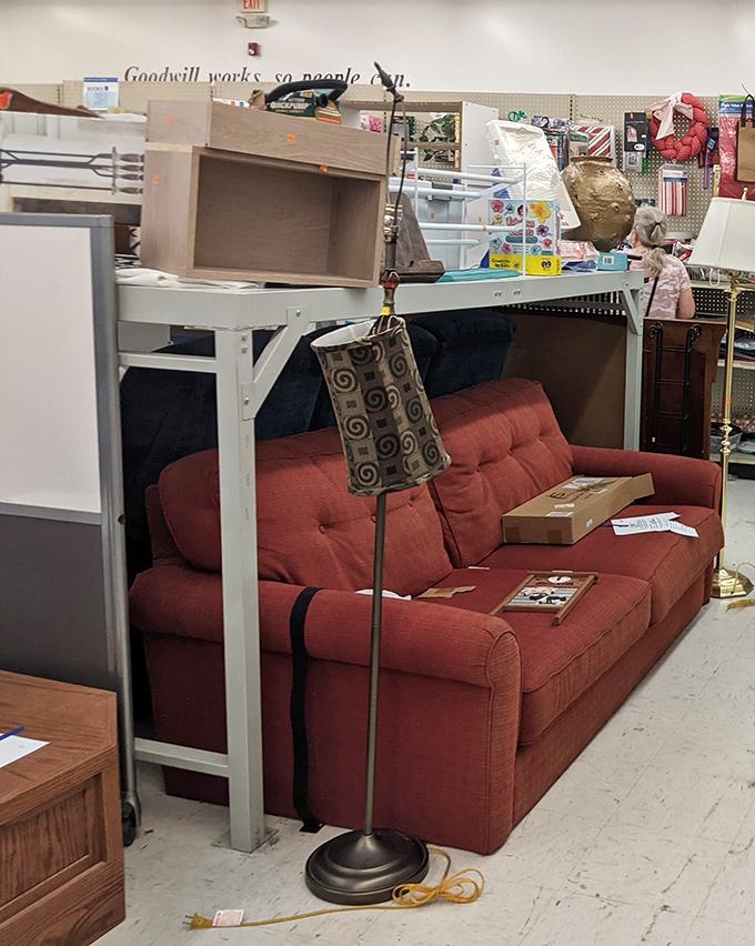 Furniture arranged in charming vignettes, as if saying, "Picture me in your living room, making your friends jealous of your thrifting skills."