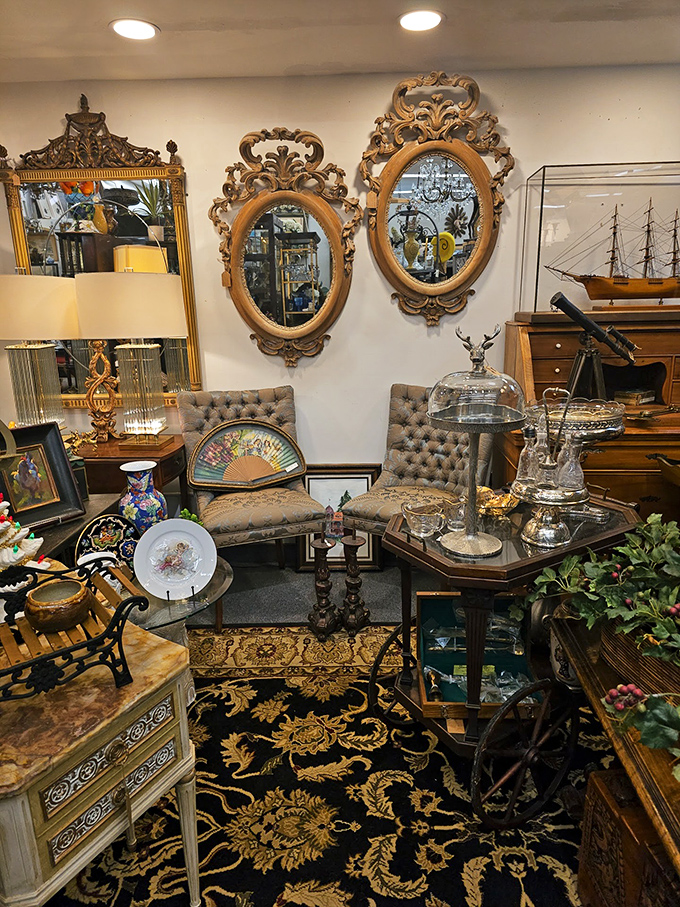 Ornate mirrors and elegant furnishings create a vignette worthy of Downton Abbey, minus the family drama and inheritance disputes.
