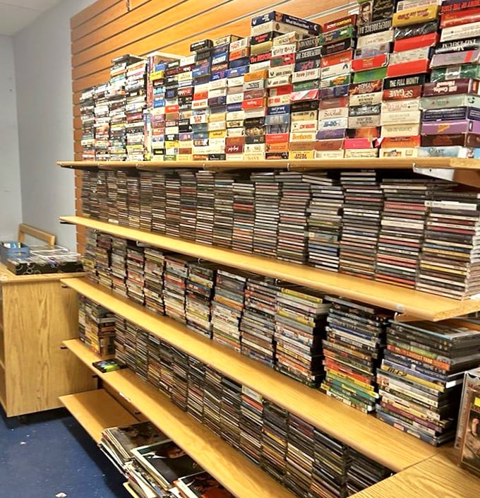 Media shelves stacked with entertainment from the era when we actually owned our movies and music.