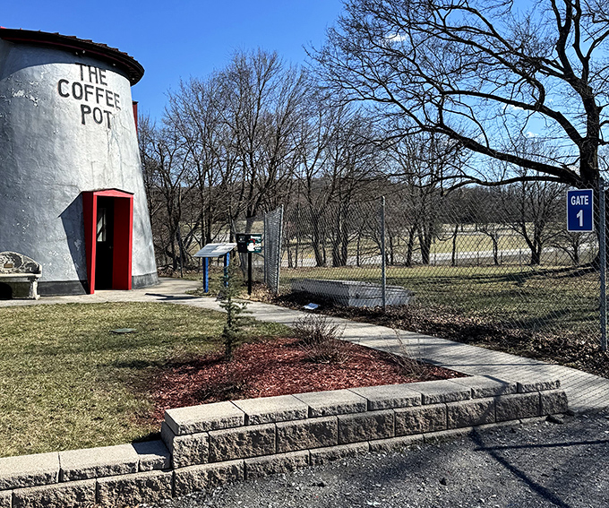 The Coffee Pot stands sentinel at the fairgrounds entrance. Nothing says "Welcome to Bedford" quite like an oversized beverage container.