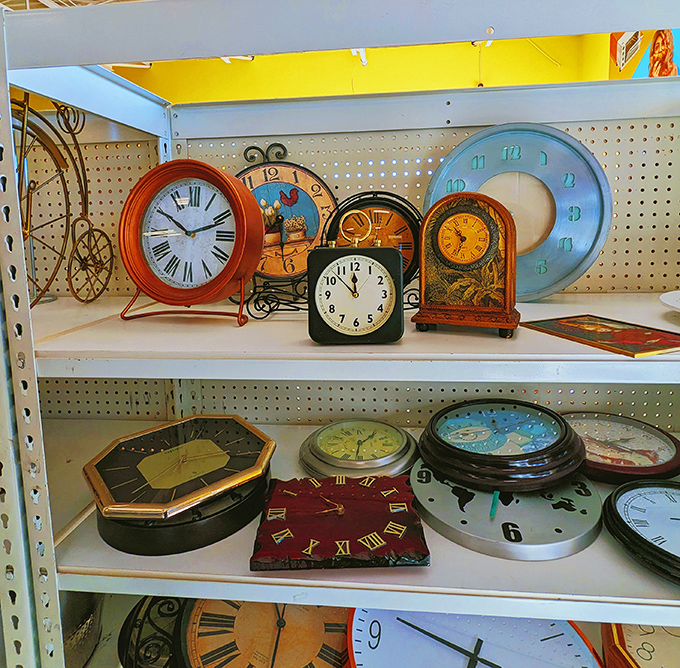 Time stands still on these shelves, where every clock tells a different story about someone's living room.