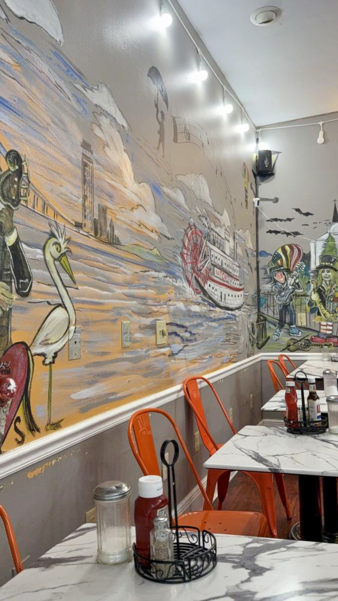 The mural stretches across the wall like a daydream, turning a simple meal into a dining experience with a side of local culture.
