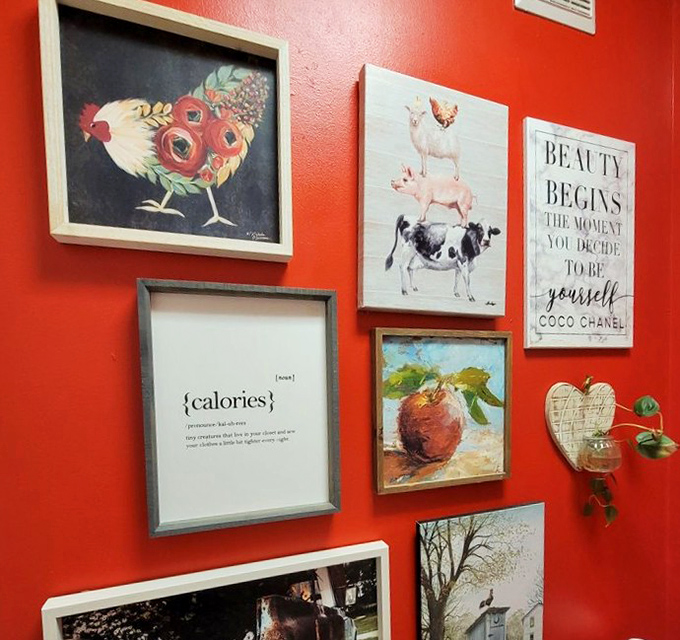Wall art featuring roosters and a hilariously honest definition of calories that we're choosing to completely ignore today.