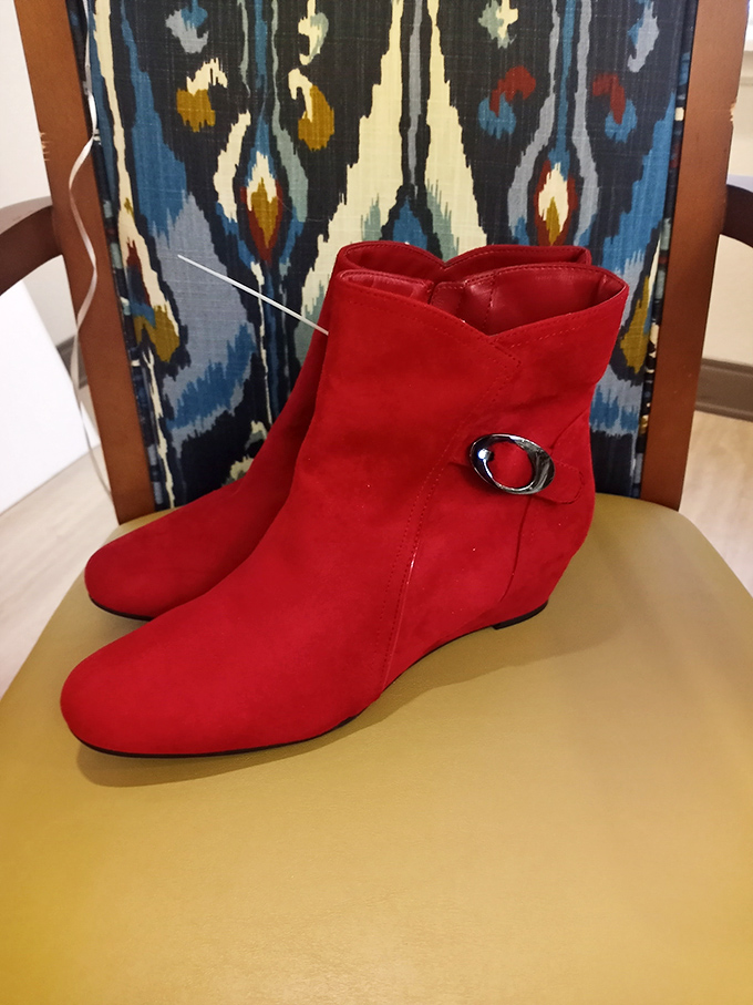 Ruby red booties that Dorothy would trade her silver slippers for, priced less than a weekend movie ticket.
