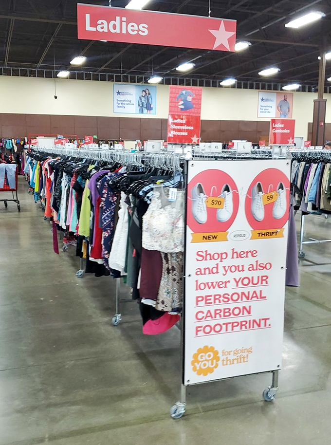 The ladies' section stretches toward the horizon like a fashionista's dream, each garment patiently waiting for its perfect match.