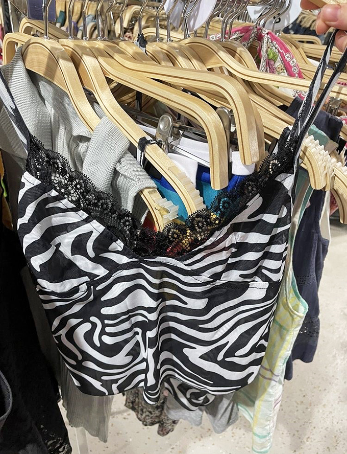 Jewelry stands sparkle with possibilities while clothing racks promise endless outfit combinations for pennies on the dollar.