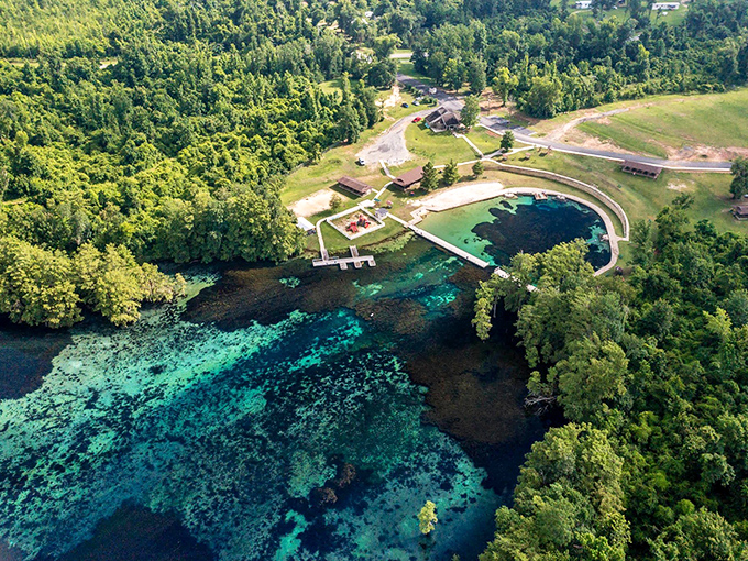 Nature's artwork viewed from above &ndash; the spring's brilliant blue center creates a stunning contrast against the surrounding greenery.