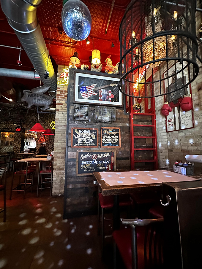 Where brick walls and red accents create the perfect backdrop for the serious business of barbecue appreciation.