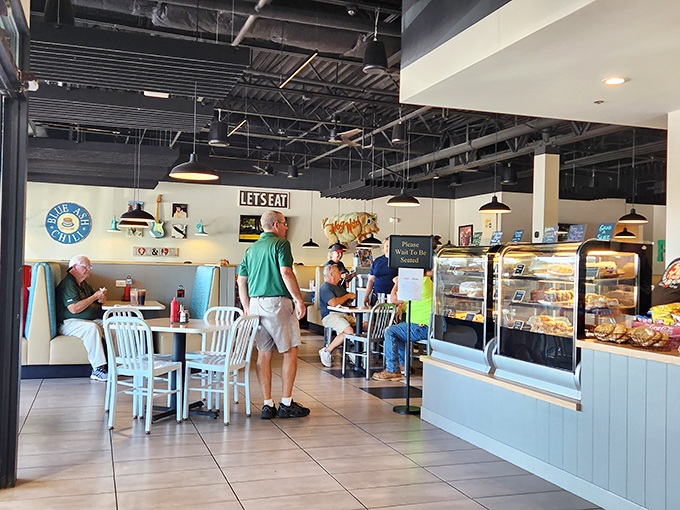 The modern dining area balances nostalgia with comfort, creating the perfect backdrop for serious chili contemplation.