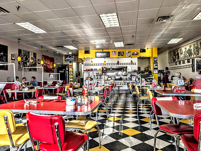 Red and yellow tables pop against the checkerboard floor &ndash; a diner so authentically retro, you half expect the Fonz to walk in.