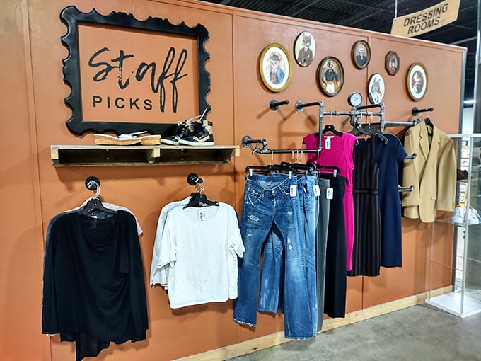 Apparel racks stretching endlessly, like a fashion show where everything's already on clearance.