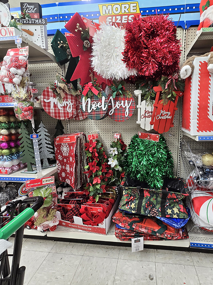 Holiday cheer explodes in fuzzy wreaths and plaid signs proclaiming "Noel" and "Joy"&mdash;Christmas spirit available by the cartload.