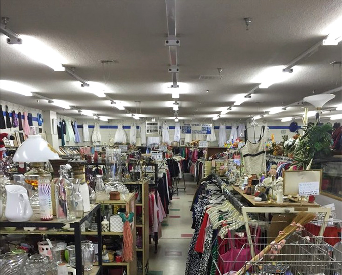 The grand vista of Better Bargains stretches to the horizon, where table lamps illuminate islands of glassware in a sea of potential purchases.