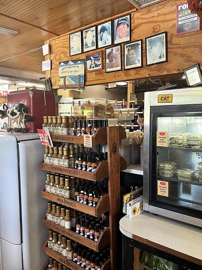 A display that could only exist in a place with personality&mdash;Jack Daniel's bottles alongside deli containers. Florida beach casual meets country store charm.