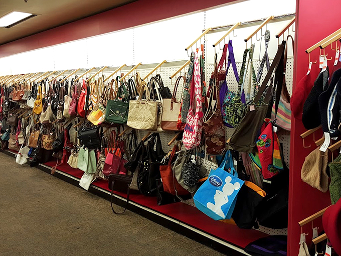 The handbag haven&mdash;where designer lookalikes mingle with authentic vintage finds in a colorful display that would make any accessory lover swoon.