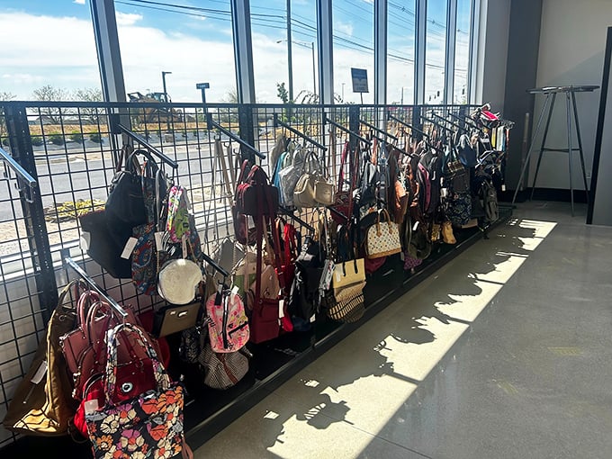 The handbag wall: Where designer purses and practical totes hang like fashionable fruit, ripe for the picking at astonishing prices.