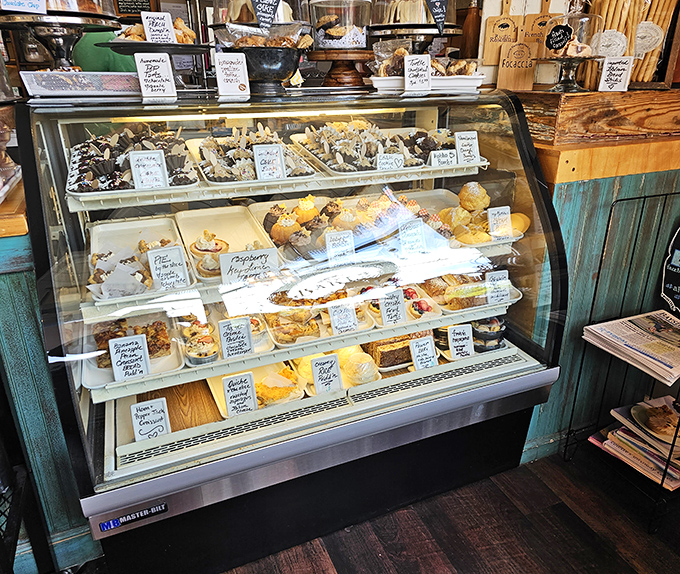 The display case—where dreams and reality intersect behind glass. Each handwritten label promises a different path to bliss.