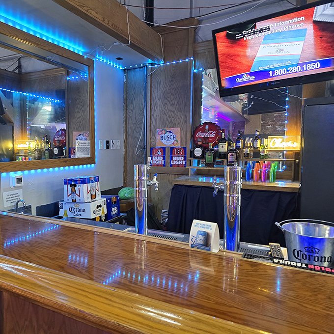 The bar area glows with blue light like a pizza spaceship. Where beer meets pizza in that perfect marriage that's outlasted most Hollywood romances.