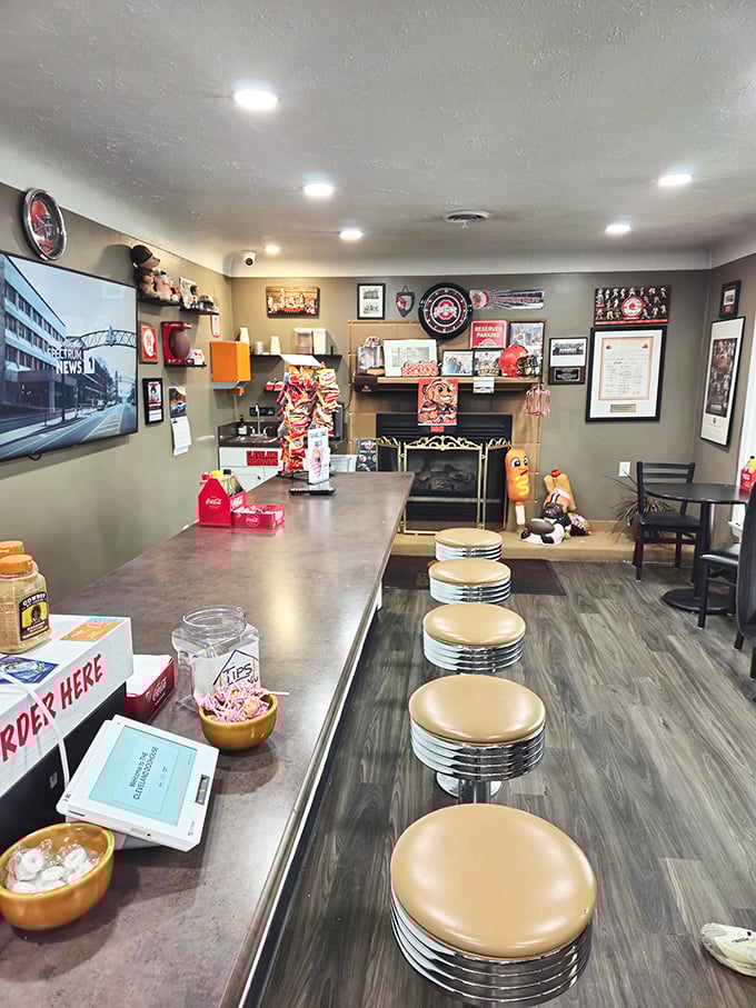 The counter and stools invite you to belly up for serious eating business, surrounded by Cleveland sports history that spans generations of hope.