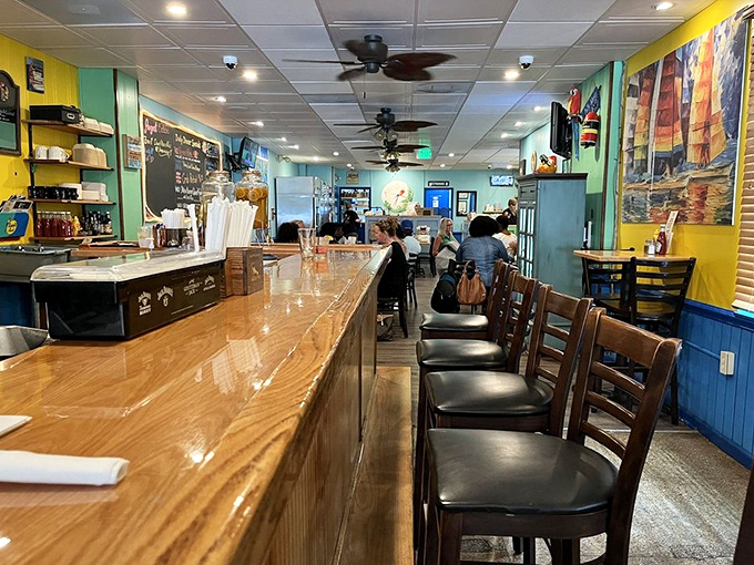 Counter seating where the action happens and conversations flow as freely as the drink specials do.